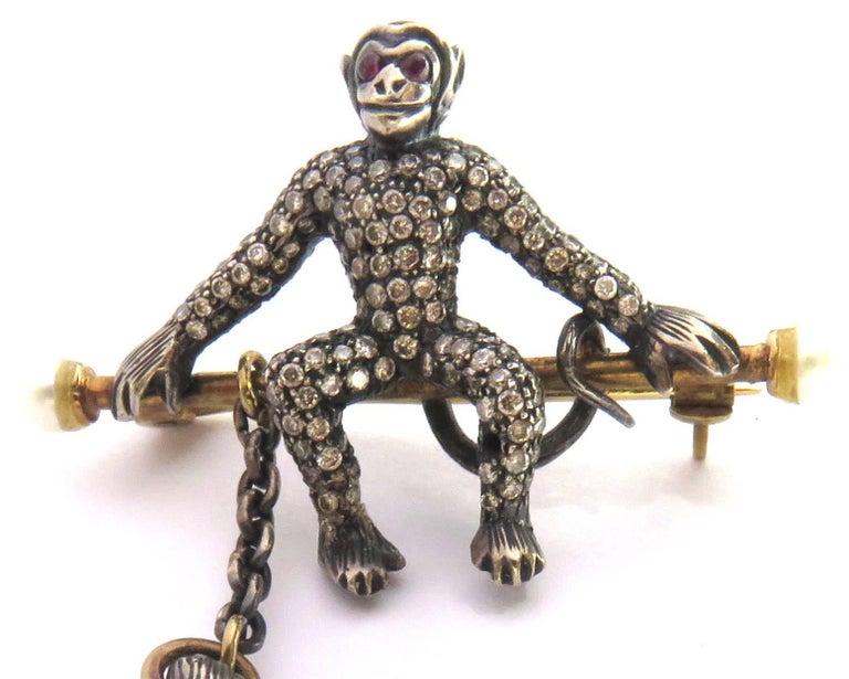 Large Movable Two Monkeys Diamond Ruby Pearl Gold Silver Pin at 1stDibs