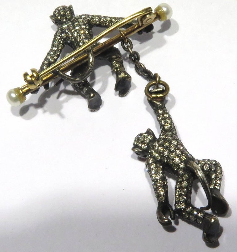 Large Movable Two Monkeys Diamond Ruby Pearl Gold Silver Pin at 1stDibs