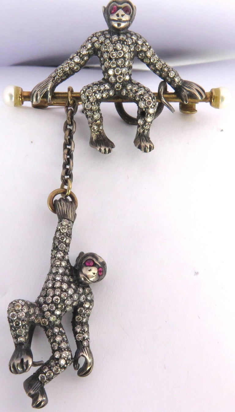 Large Movable Two Monkeys Diamond Ruby Pearl Gold Silver Pin at 1stDibs