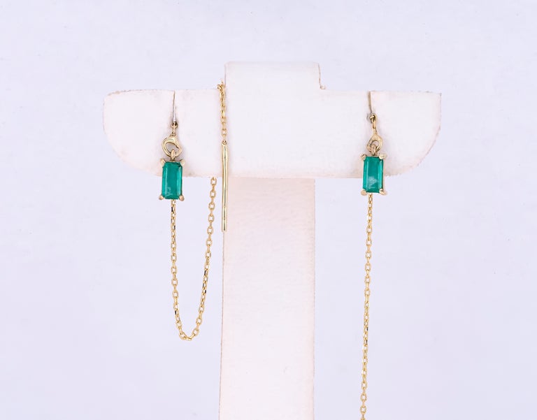14k Solid Gold Drop Earrings with Emeralds, Chain Gold Earrings at 1stDibs