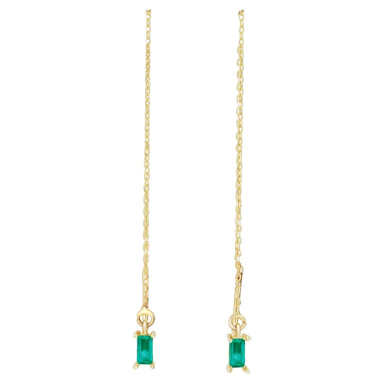 14k Solid Gold Drop Earrings with Emeralds, Chain Gold Earrings at 1stDibs