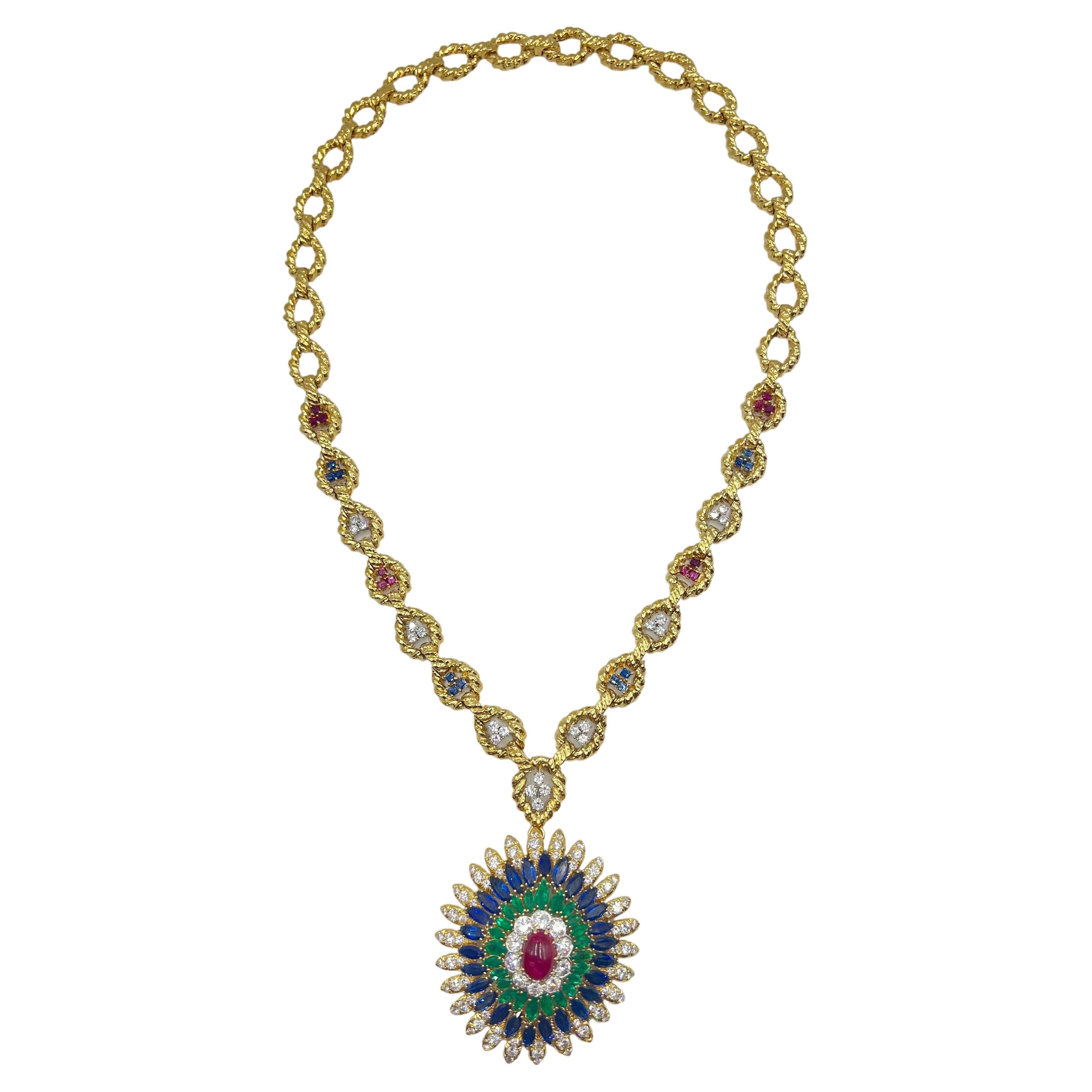 David Webb Gold Ruby Sapphire Emerald Diamond Pendant Necklace For Sale ...