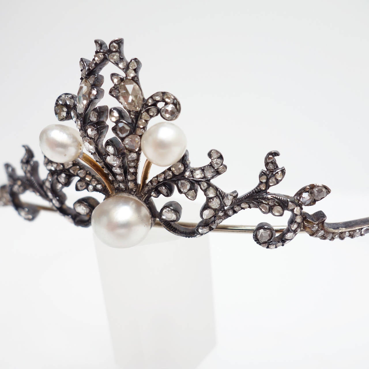 Victorian Diamond Natural Pearls Silver Gold Scroll Tiara at 1stDibs