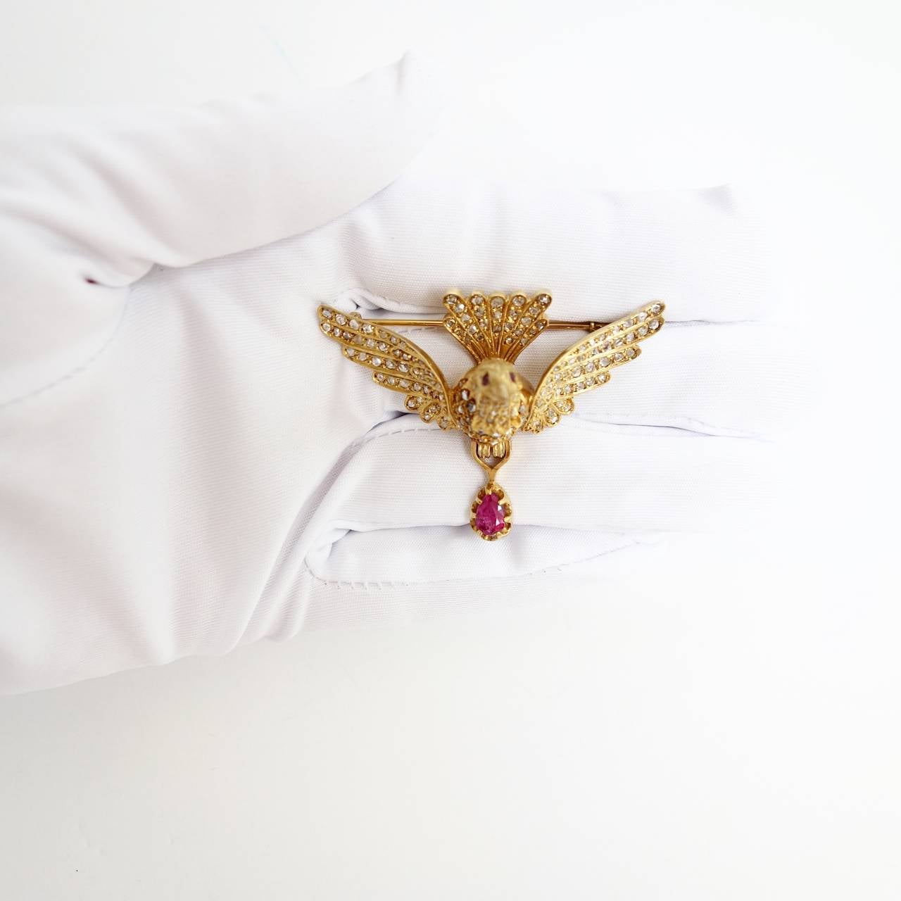 Victorian Diamond, Ruby and Gold Articulated Bird Brooch Pin at 1stDibs