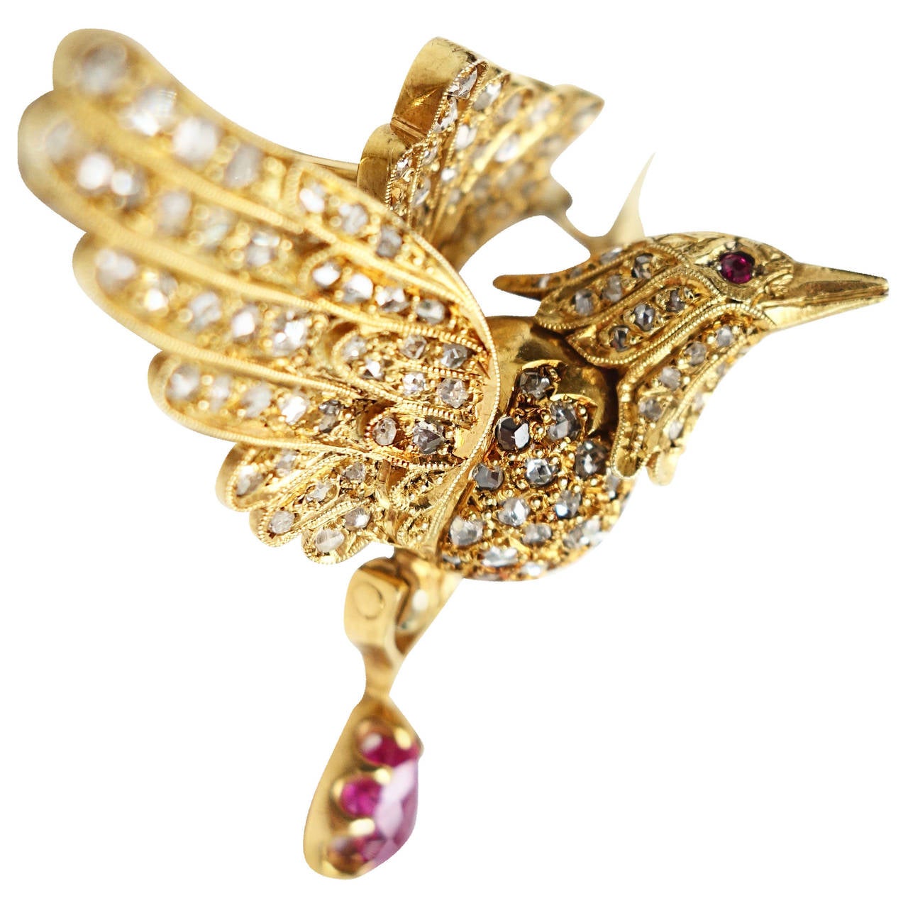 Victorian Diamond, Ruby and Gold Articulated Bird Brooch Pin at 1stDibs