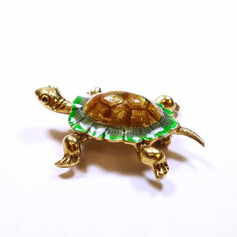 Enamel Gold Turtle Brooch For Sale at 1stDibs