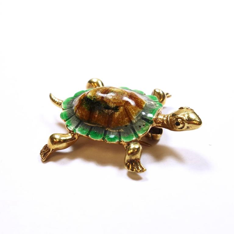Enamel Gold Turtle Brooch For Sale at 1stDibs