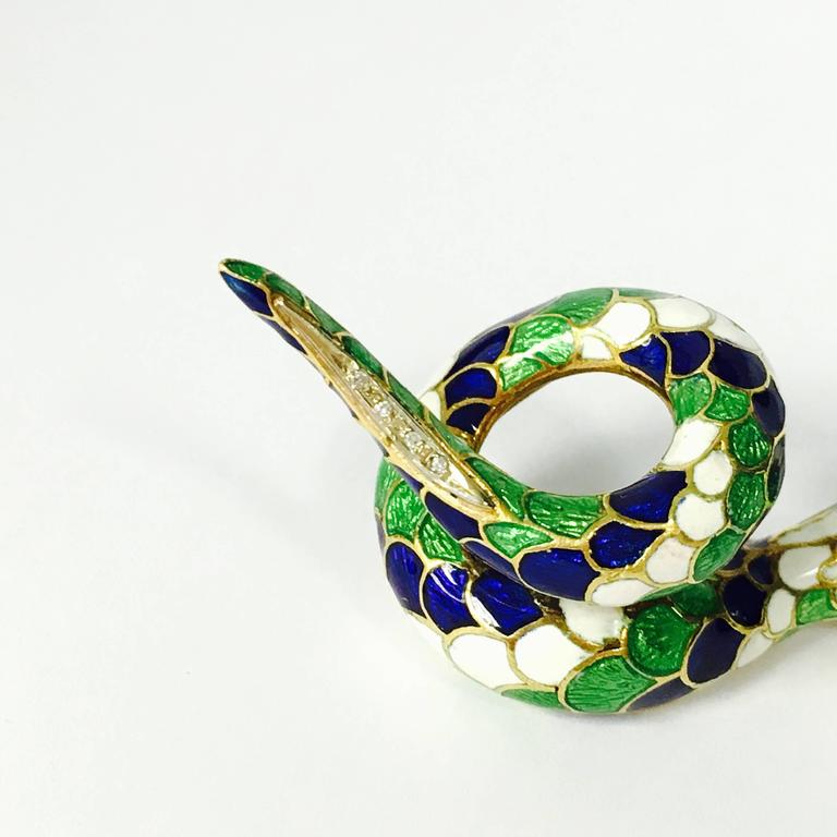1950s Enamel Diamond Gold Coiled Snake Pin at 1stDibs