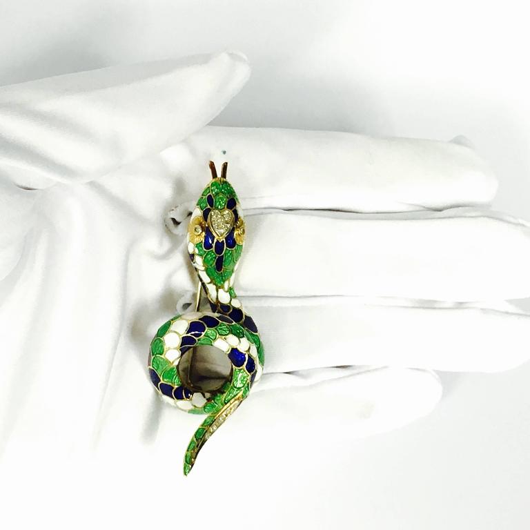 1950s Enamel Diamond Gold Coiled Snake Pin at 1stDibs