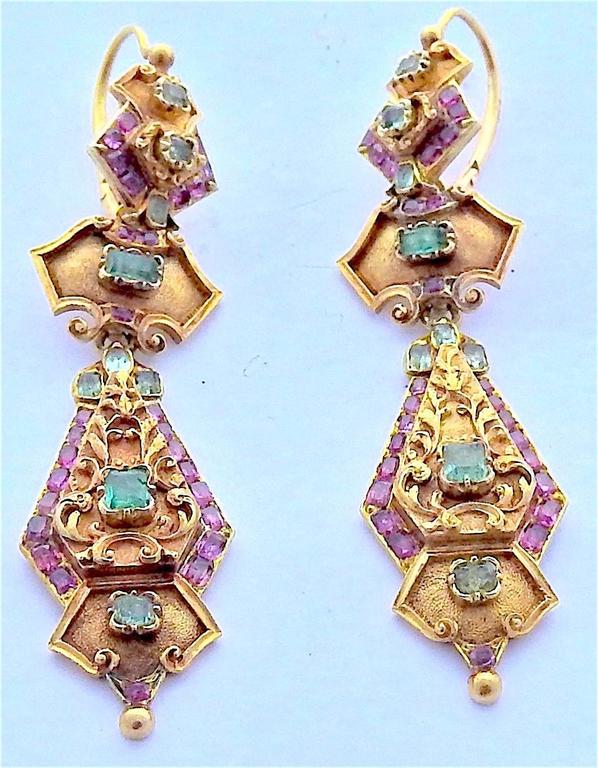 Early Victorian Emerald Ruby and Gold Drop Earrings For Sale (Free ...