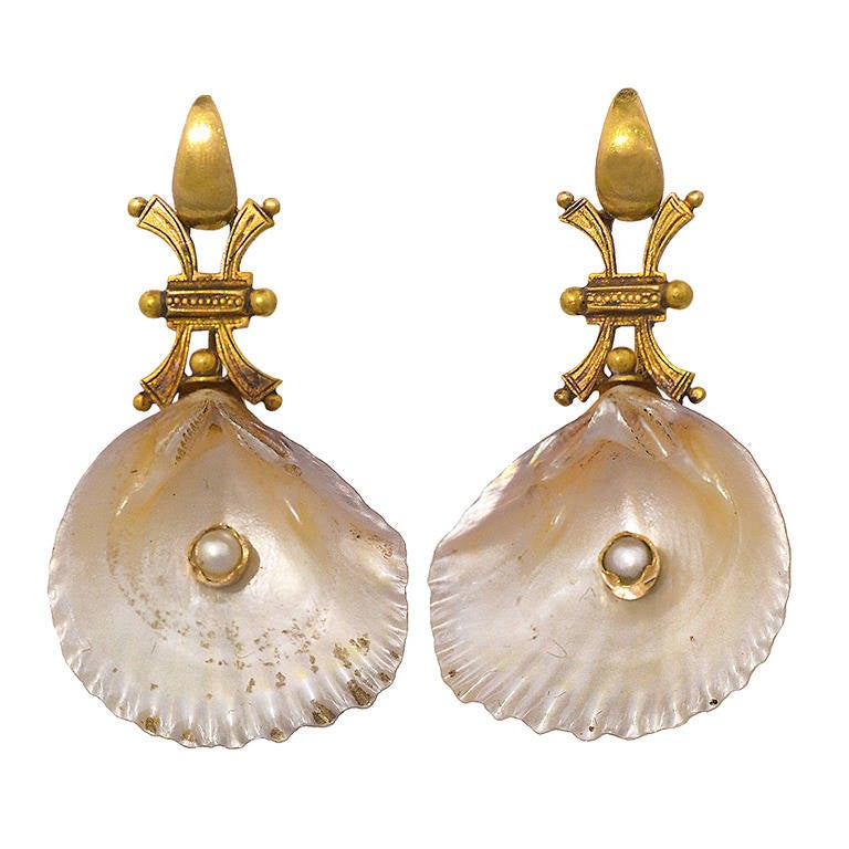 Antique Shell Pearl Gold Earrings at 1stDibs