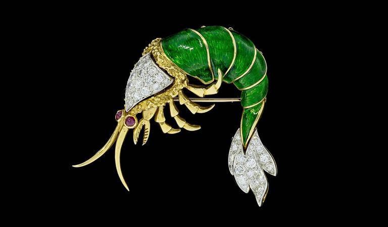 Very Unique Ruby Enamel Diamond Yellow and White Gold Shrimp Prawn ...