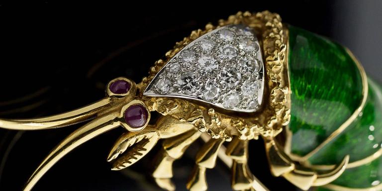 Very Unique Ruby Enamel Diamond Yellow and White Gold Shrimp Prawn ...