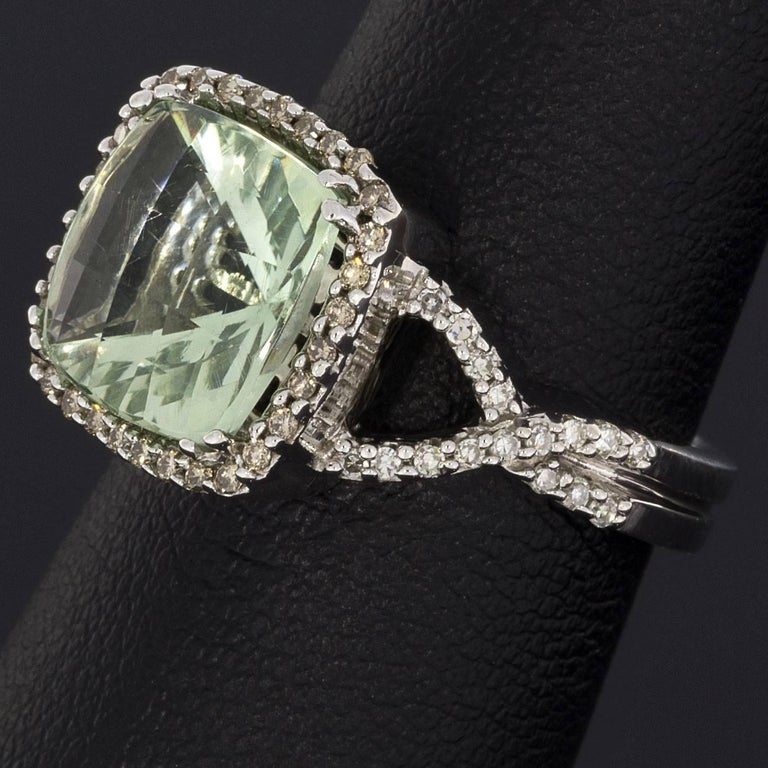 Effy Cushion Green Amethyst and Diamond Halo Twist White Gold Ring at ...