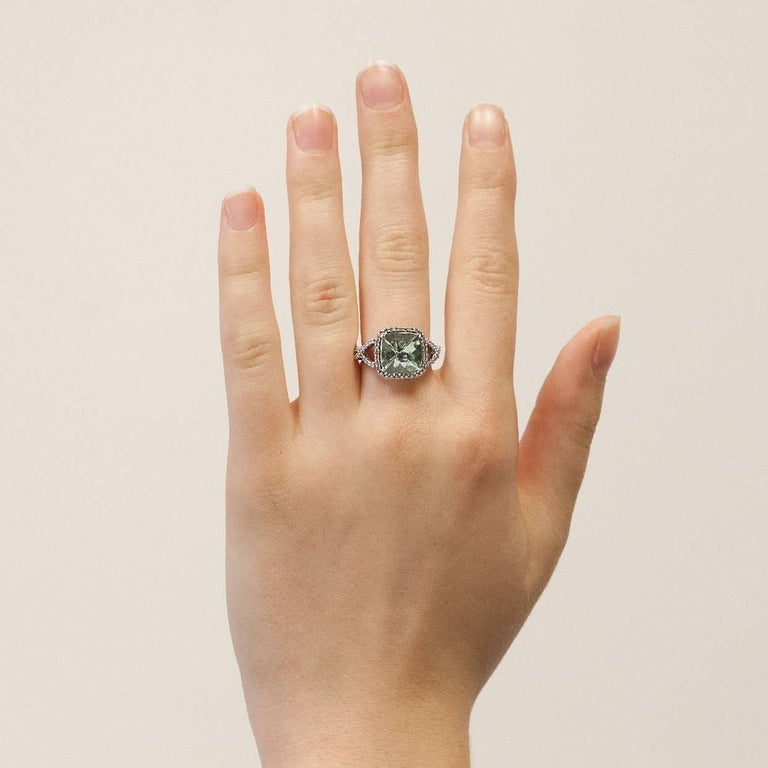 Effy Cushion Green Amethyst and Diamond Halo Twist White Gold Ring at ...