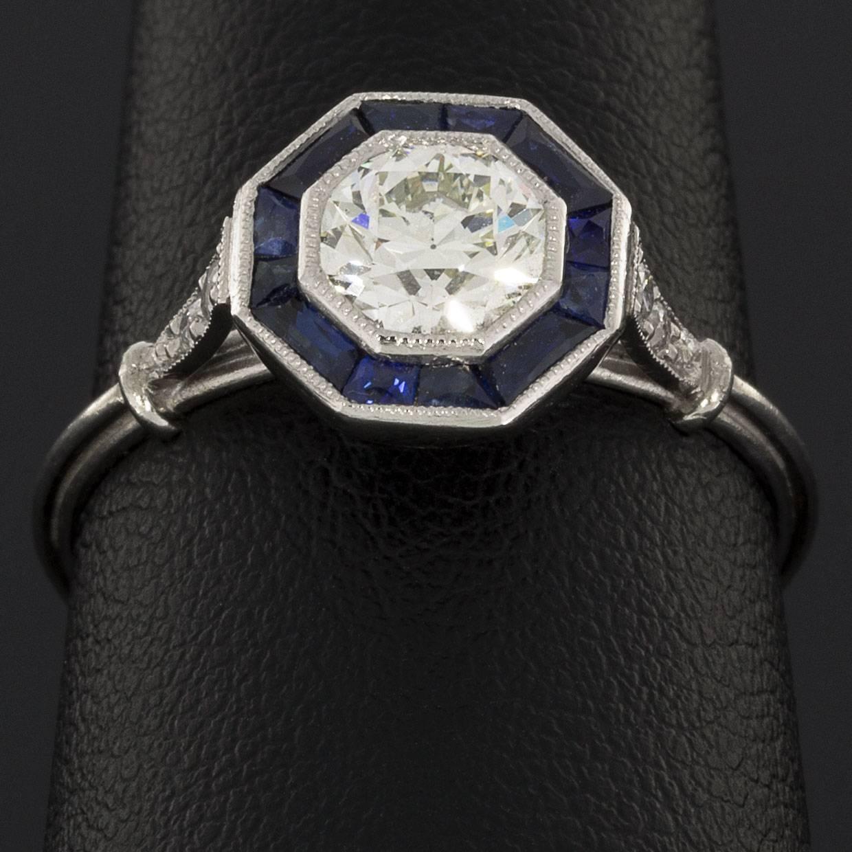 Old European Cut Diamond Sapphire Halo Octagon Engagement Ring at ...