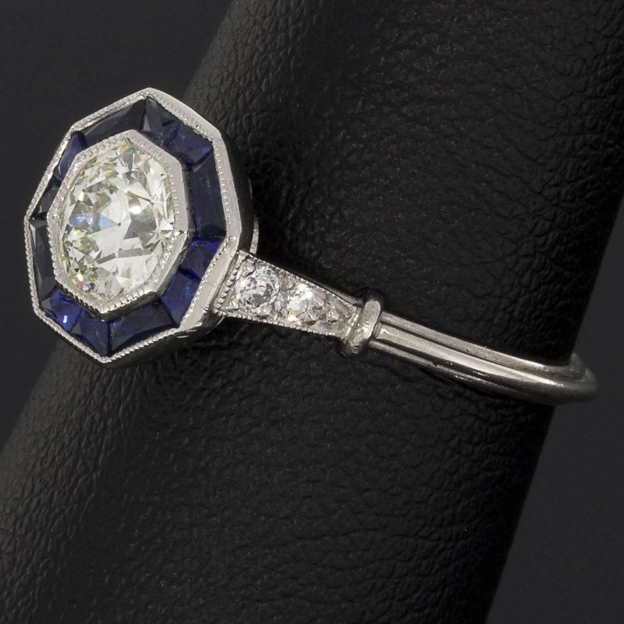 Old European Cut Diamond Sapphire Halo Octagon Engagement Ring at ...