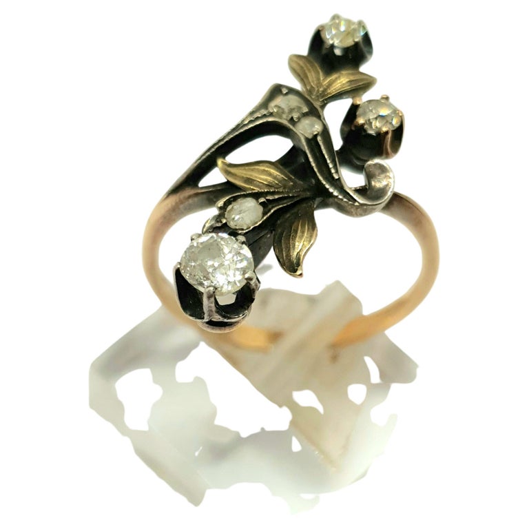 Antique 14k Gold Russian Old Mine Cut Diamond Ring For Sale at 1stDibs