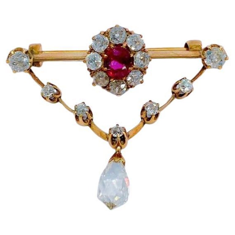 Antique 14k Gold Russian Ruby Diamond Brooch For Sale at 1stDibs