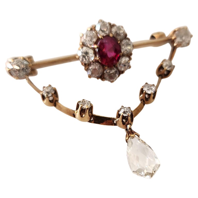 Antique Ruby And Diamond Russian Gold Brooch For Sale at 1stDibs