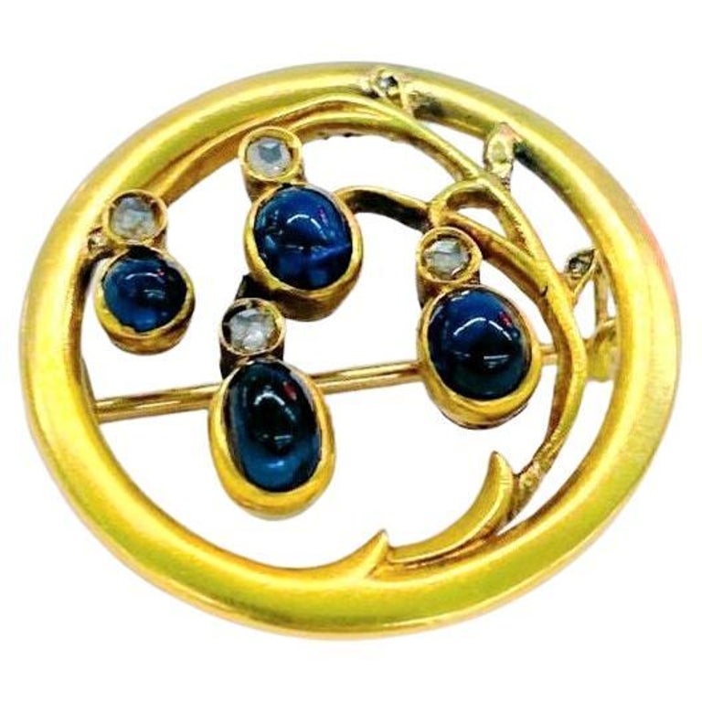 Anique 14k Gold Russian Sapphire Brooch For Sale at 1stDibs