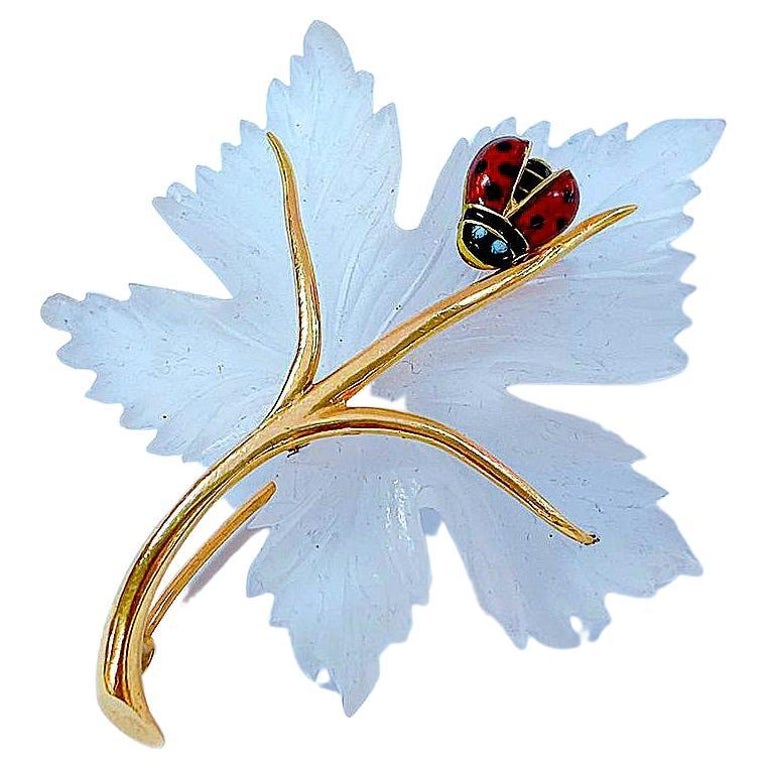 Vintage 14k Gold Rock Crystal Leaf Brooch For Sale at 1stDibs