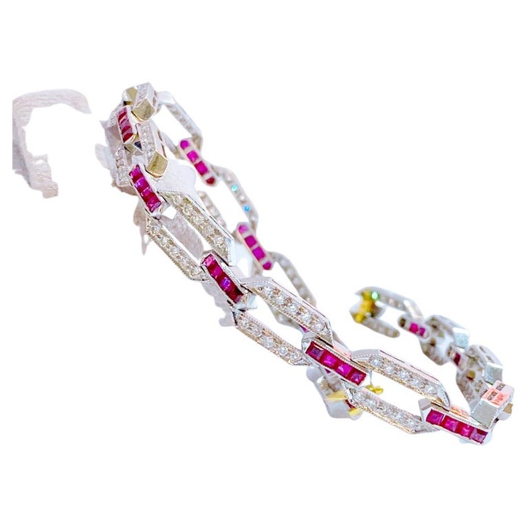 Antique 18k Gold Artdeco Diamond and Ruby Link Bracelet For Sale at 1stDibs