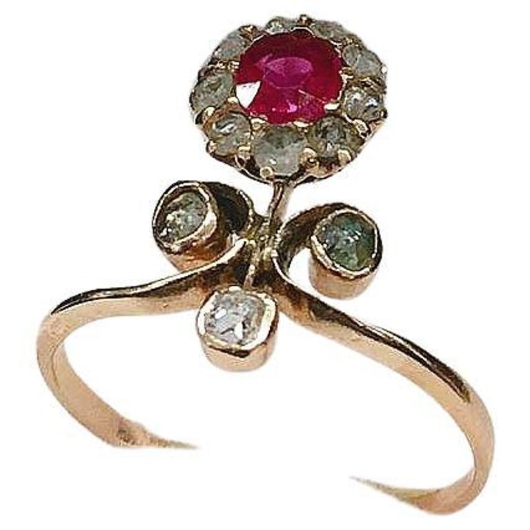 Antique 14k Gold Ruby and Rose Cut Diamond Ring For Sale at 1stDibs