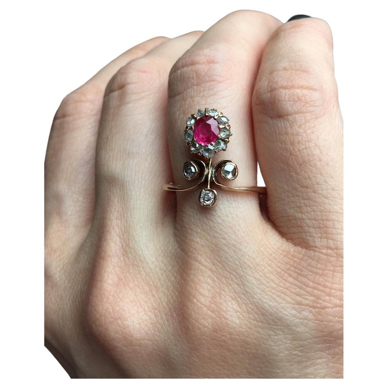 Antique 14k Gold Ruby and Rose Cut Diamond Ring For Sale at 1stDibs