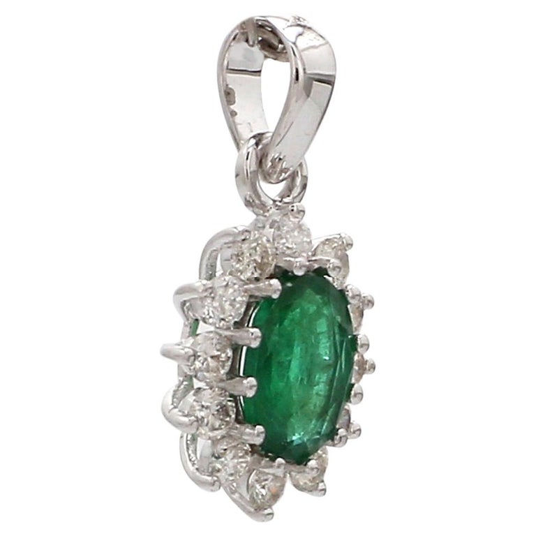 Natural Emerald Gemstone Charm Pendant Diamond 18 Karat White Gold Fine ...
