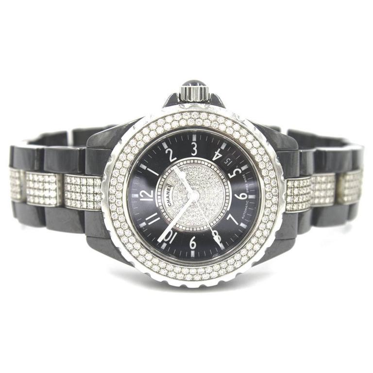 Chanel Ladies Black Ceramic Diamond J12 Quartz Wristwatch at 1stDibs