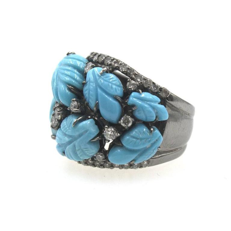Carved Turquoise Diamond 18 Karat White Gold Fashion Ring For Sale at ...