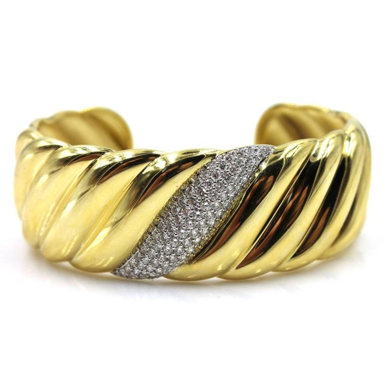 David Yurman Diamond Yellow Gold Sculpted Cable Wide Cuff Bracelet at ...