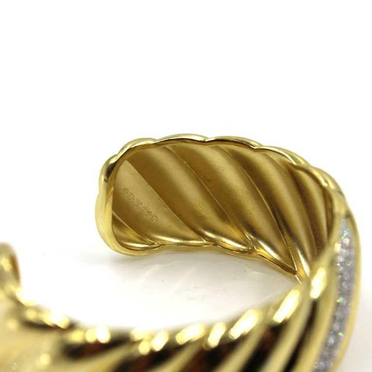 David Yurman Diamond Yellow Gold Sculpted Cable Wide Cuff Bracelet at ...