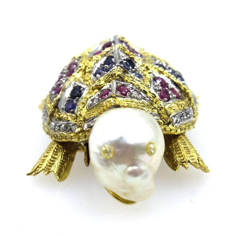 Diamond Sapphire Ruby Pearl Turtle Brooch Pin at 1stDibs