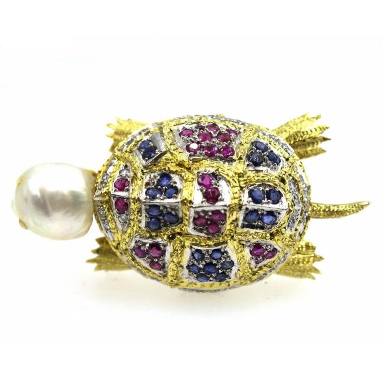 Diamond Sapphire Ruby Pearl Turtle Brooch Pin at 1stDibs