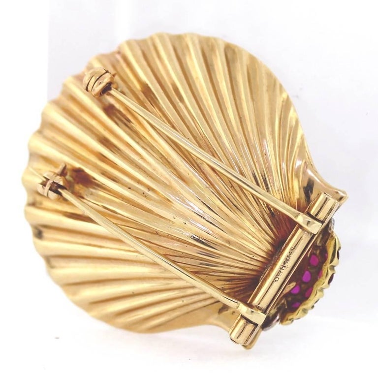 Cartier Diamond and Ruby, Gold Shell Brooch at 1stDibs