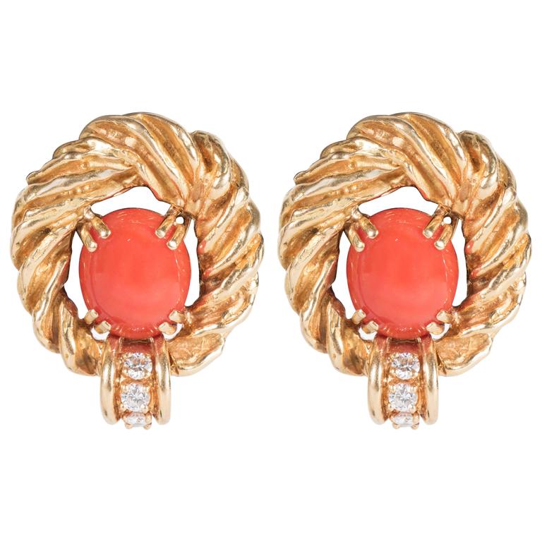 Chaumet Paris Gorgeous Mid-Century Coral Diamond Gold Earrings For Sale ...