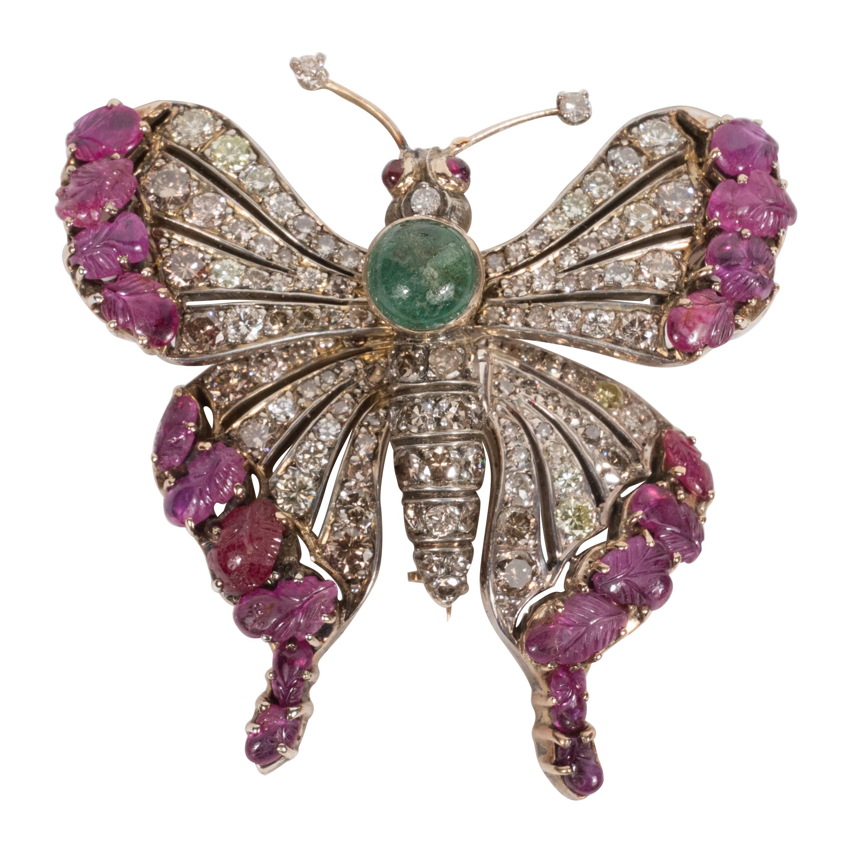Stunning Carved Rubies Emeralds Diamonds White Gold Butterfly Brooch at ...
