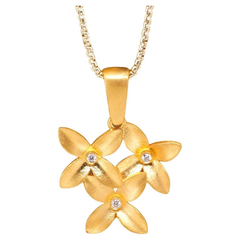 Triple Four-Petal Flower Charm Pendant Necklace with Diamonds, 24kt ...