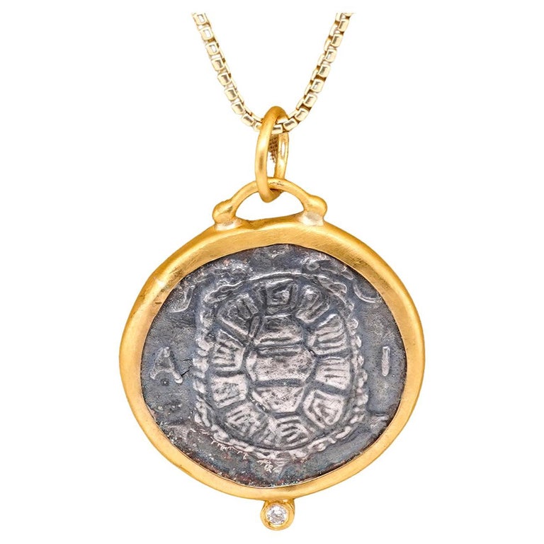 Medium, Ancient Turtle Coin Charm Amulet Pendant Necklace with Diamond ...
