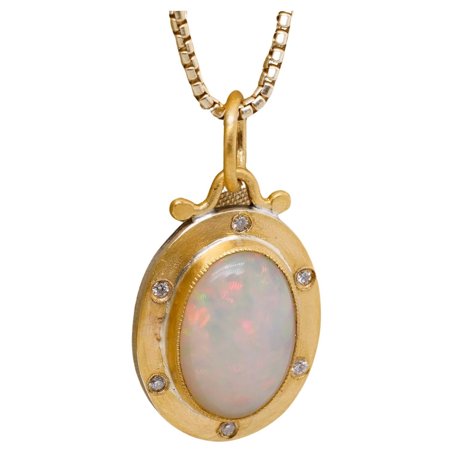 2.25 Ct Oval Opal Charm Pendant Necklace with Diamonds, 24kt Gold and ...