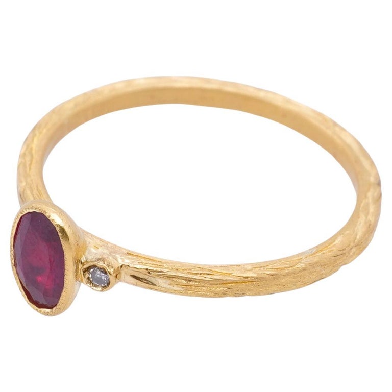 Dark Red, Oval Single Ruby with Diamond, 24kt Solid Gold Ring For Sale ...