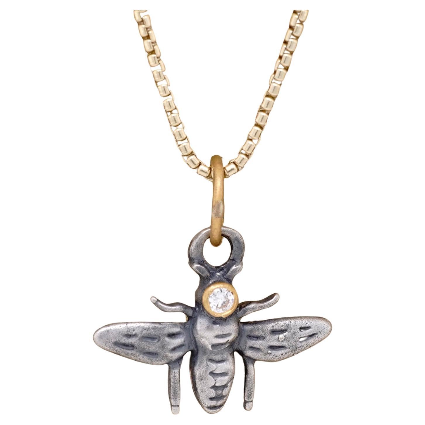 Bee Charm Pendant Necklace with Diamond, 24kt Gold and Silver at 1stDibs