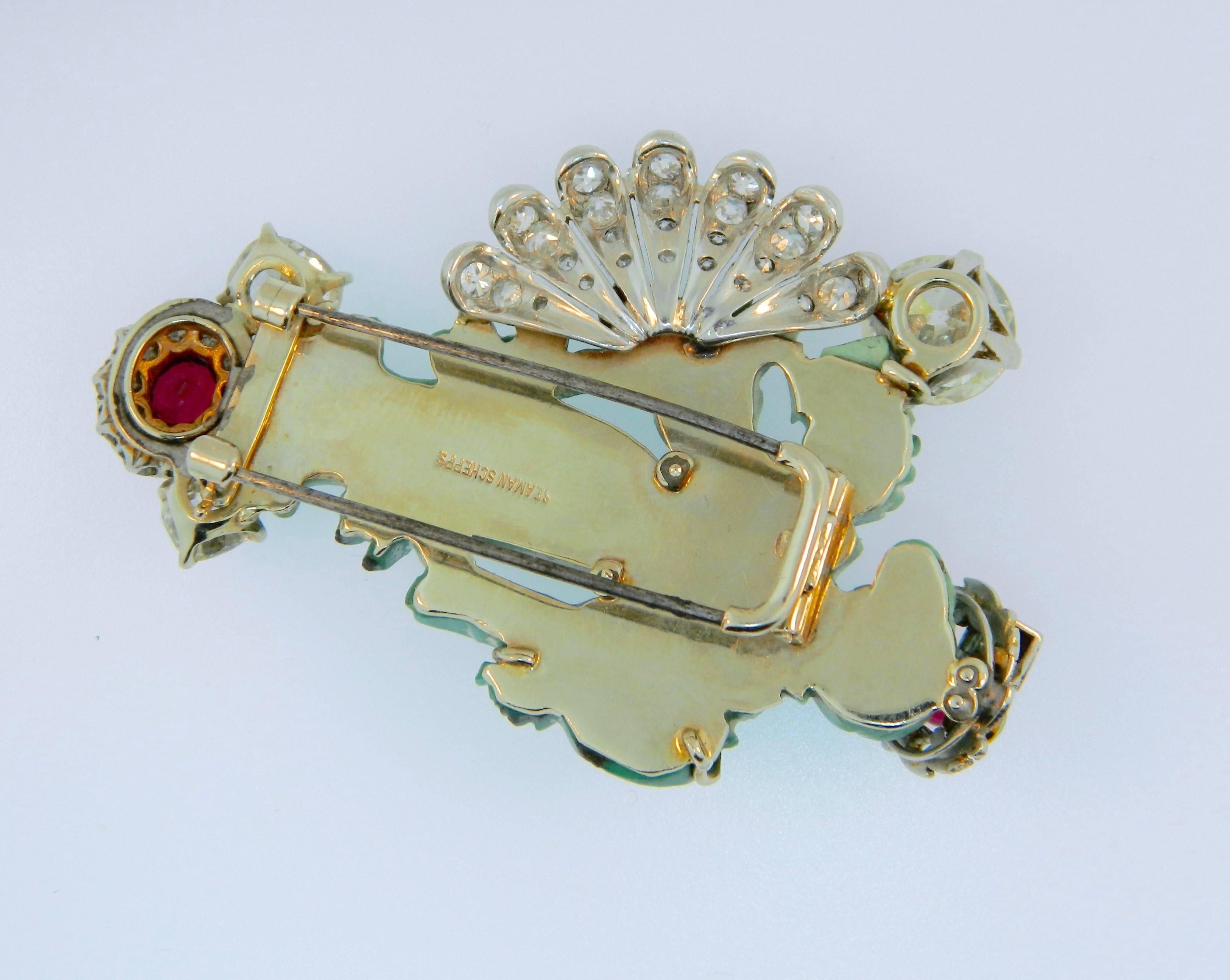 1950s Seaman Schepps Carved Turquoise Burma Ruby Diamond Platinum ...