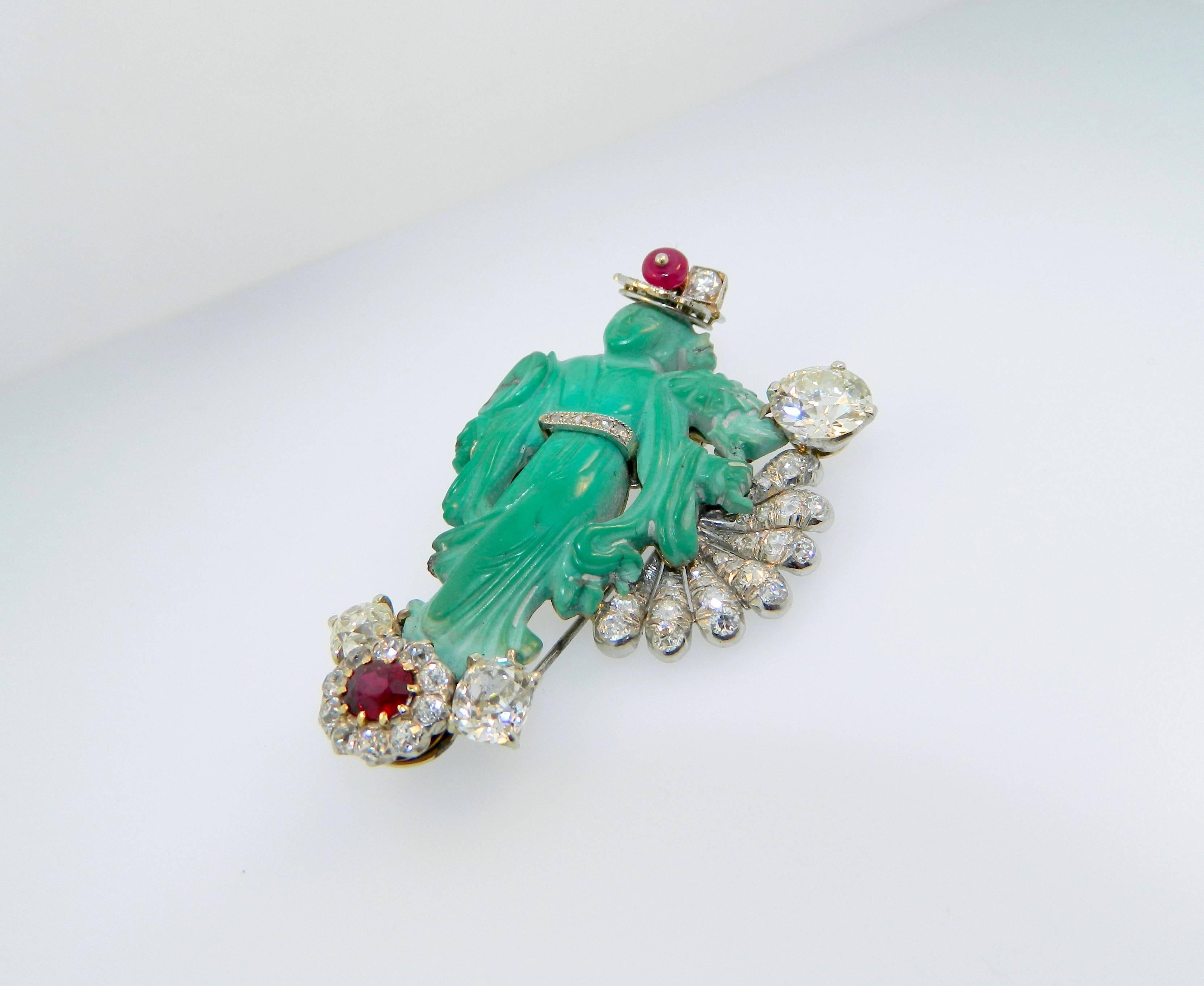 1950s Seaman Schepps Carved Turquoise Burma Ruby Diamond Platinum ...