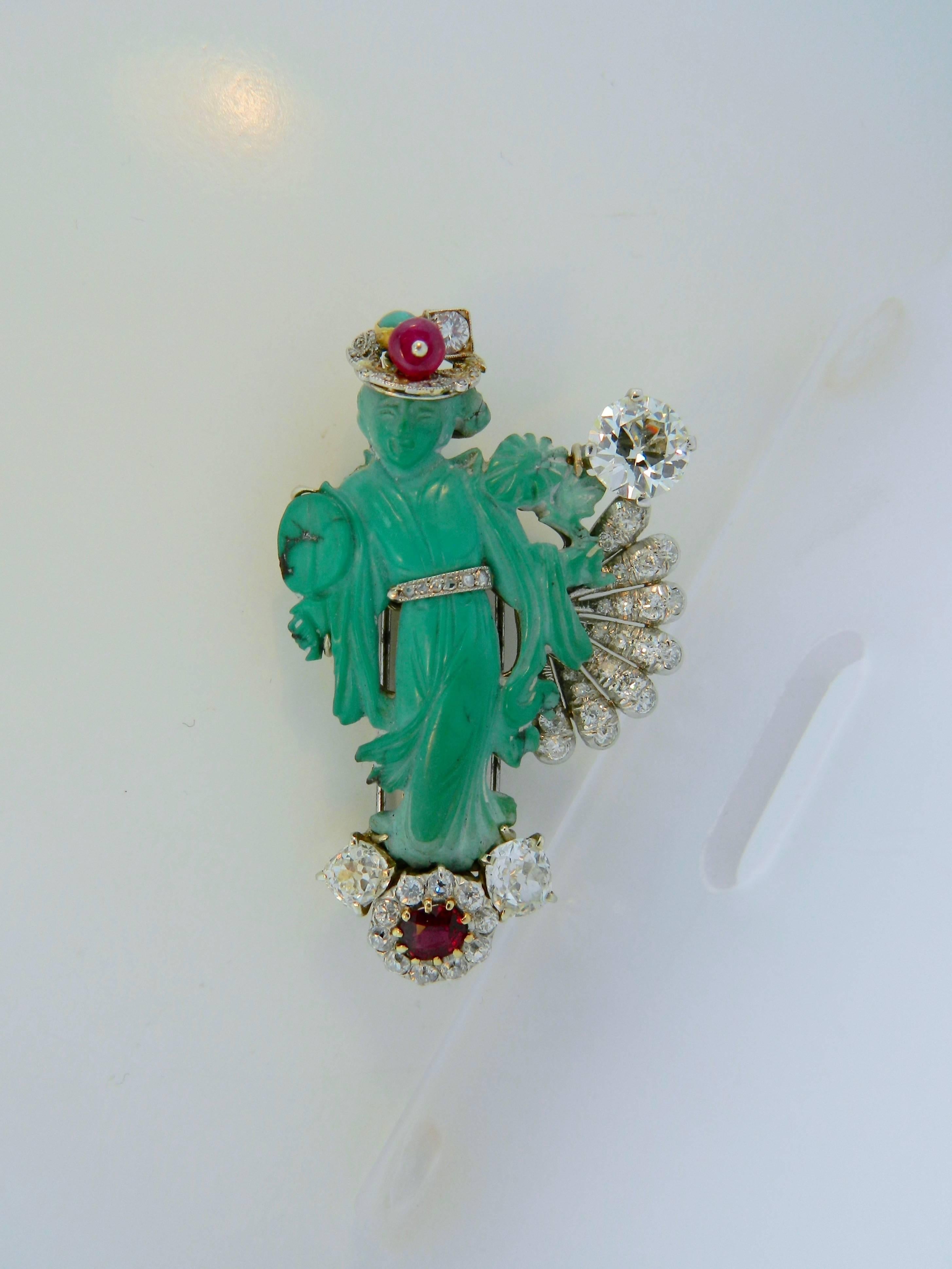 1950s Seaman Schepps Carved Turquoise Burma Ruby Diamond Platinum ...