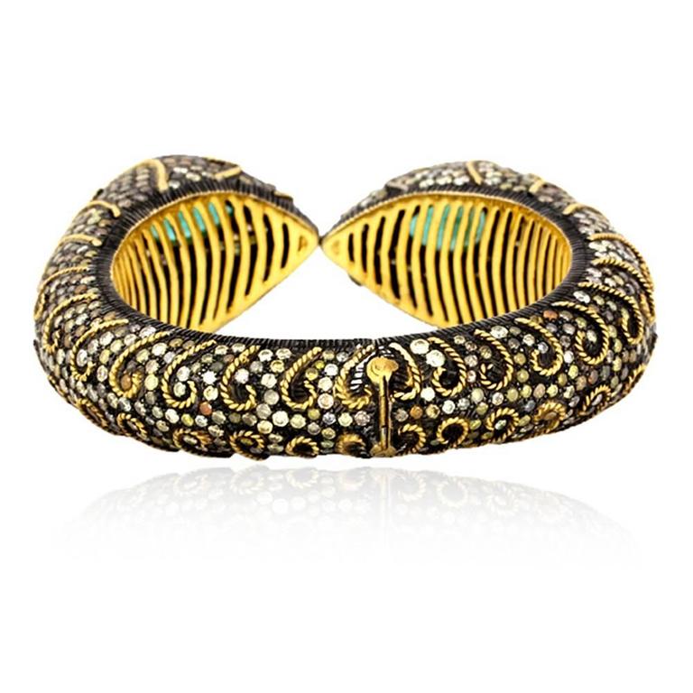 Emerald Diamond Silver Gold Bangle Bracelet For Sale at 1stDibs