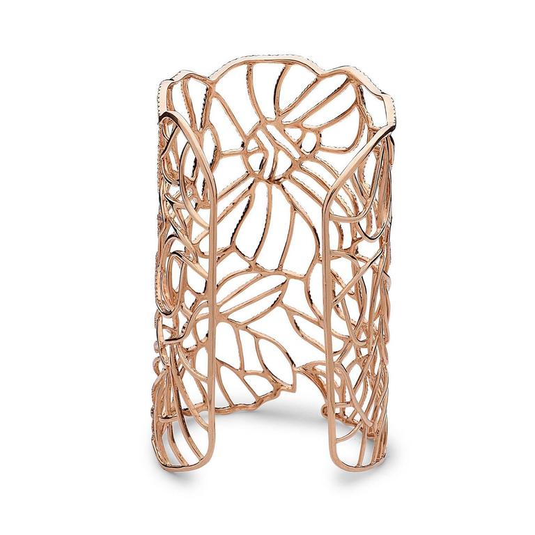 Gorgeous Floral Cut Out Diamond Gold Long Cuff Bangle Bracelet at 1stDibs