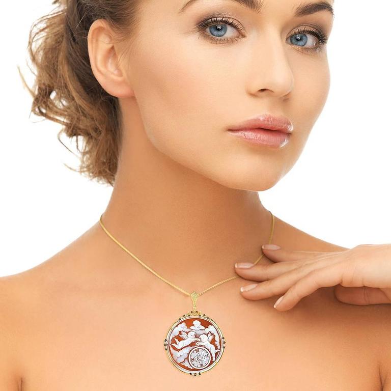 Shell Cameo Diamond Gold Angel Pendant For Sale at 1stDibs